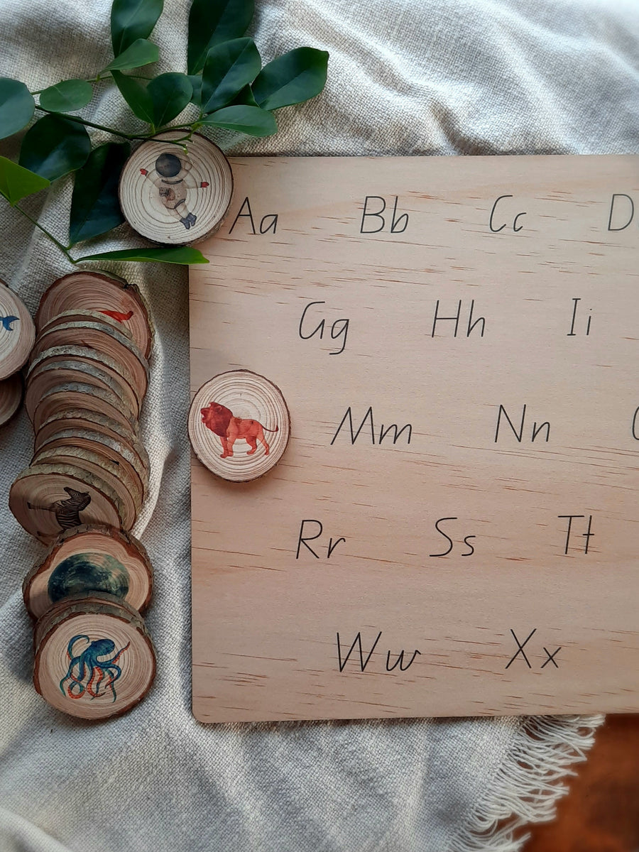 alphabet hunt - board & tree slice alphabet set – my little set